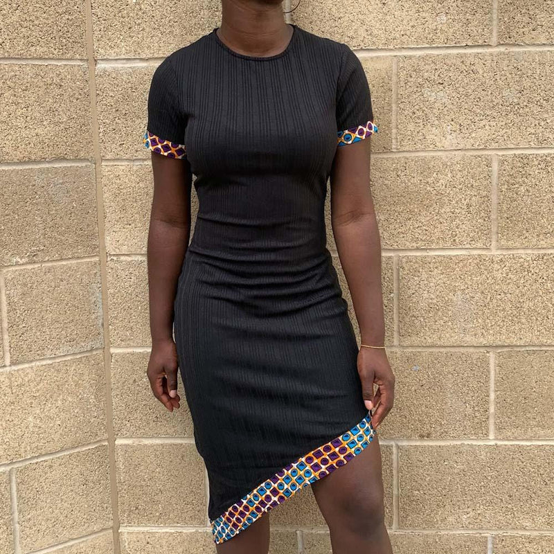 Asymmetric Bodycon Dress with African Print Trims